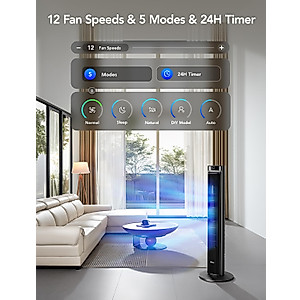 GoveeLife 42'' Tower Fan for Bedroom, Smart Floor Fans with 150° Adjustable Oscillating, APP & Voice Control, 5 Modes 12 Speeds up to 26ft/s, 24H Timer, 27dB Quiet Fan for Cooling Home Office Black