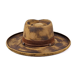 RUEDIGER Pencil Brim Fedora Hat Mens Women Wide Brim Vintage Fedoras 100% Wool Felt Panama Rancher Hat with Lightning Logo Distressed/Burned Handmade
