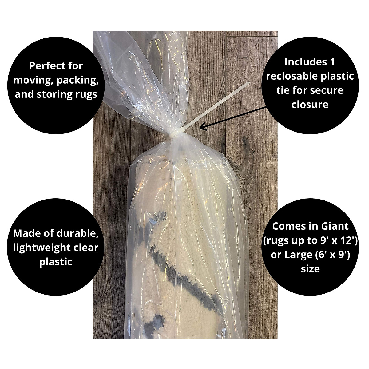 Rug Storage Bag and Zip Tie - NO Vent Holes - Heavy Duty - Giant Size Fits Rugs up to 9'x12' - Protects Rolled Rugs for Moving or Storage