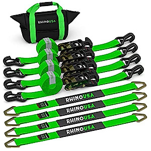 Rhino USA Ratchet Car Tie Down Straps - Heavy Duty 11,128lb Break Strength - Ultimate Trailer Tie Downs Straps for Truck, Cars & UTV - Towing Accessories with Axle Straps for Cargo Trailers