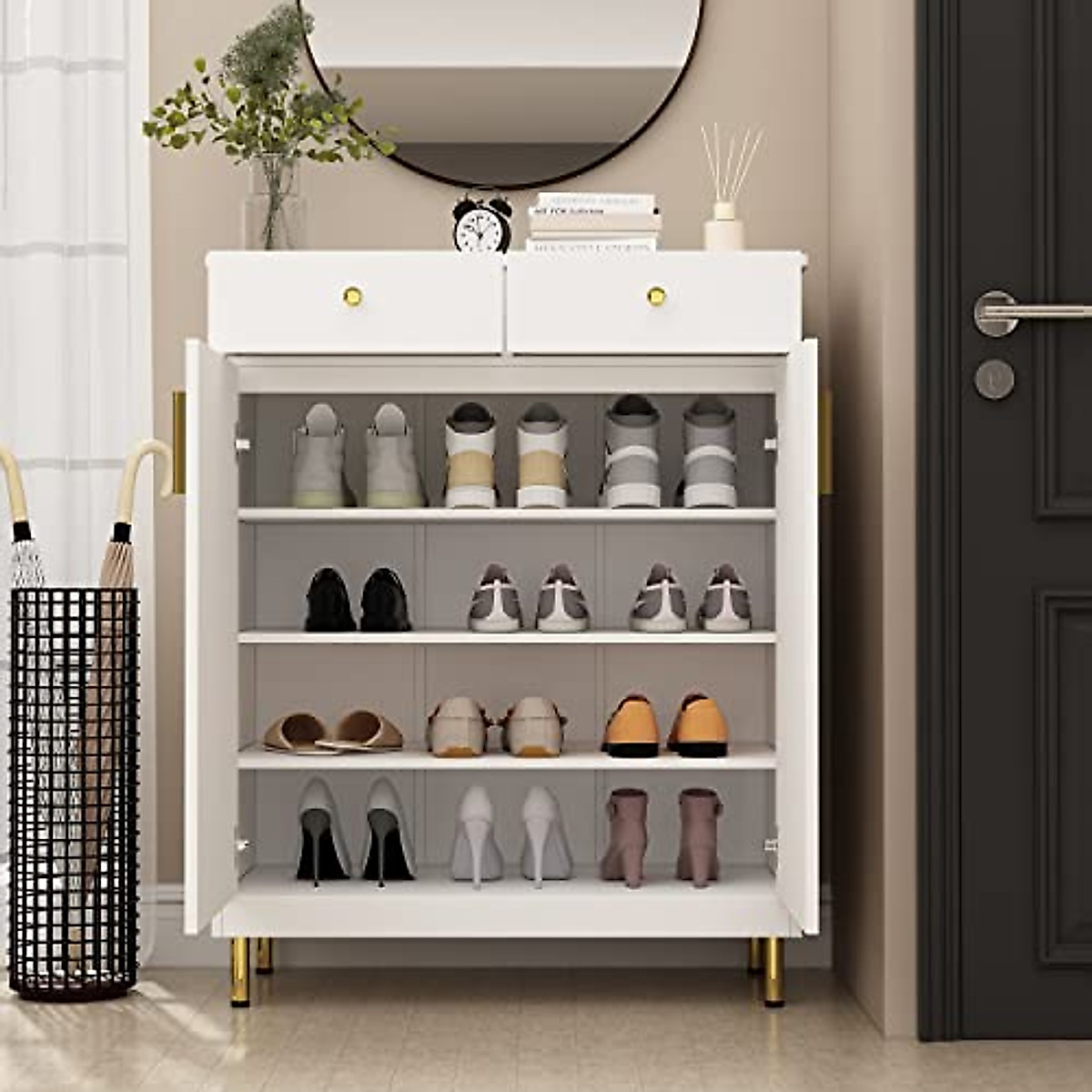 Homsee Shoe Storage Cabinet with 2 Doors & 2 Drawers, 4-Tier Freestanding Wood Shoe Rack Organizer with Adjustable Shelves for Entryway, Hallway, Bedroom, White (31.5”L x 13.8”W x 39.4”H)