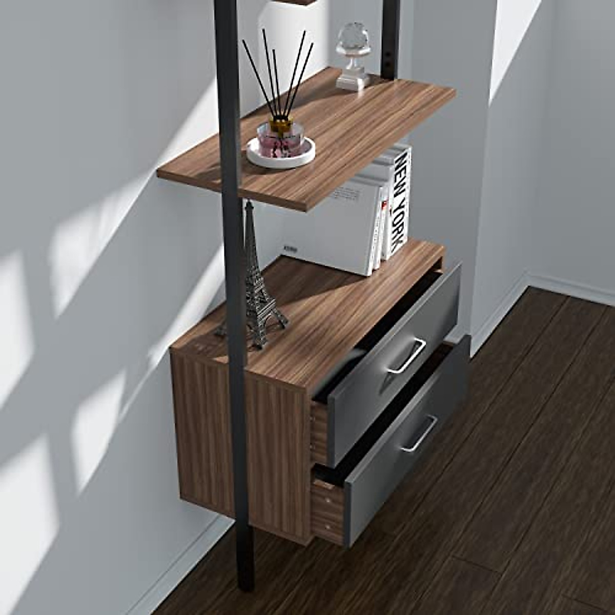 DREAMODERN Modern Bookshelf with Drawers, 4-Tier Open Bookcase Tall Wall Mount Ladder with Steel Frame -Brown