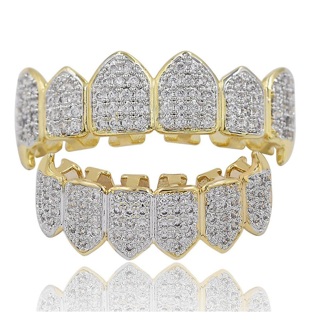Moca Jewelry Hip Hop Unisex 18K Gold Plated Iced Out CZ Simulated Diamond Top Bottom Teeth Grillz Set for Men Women