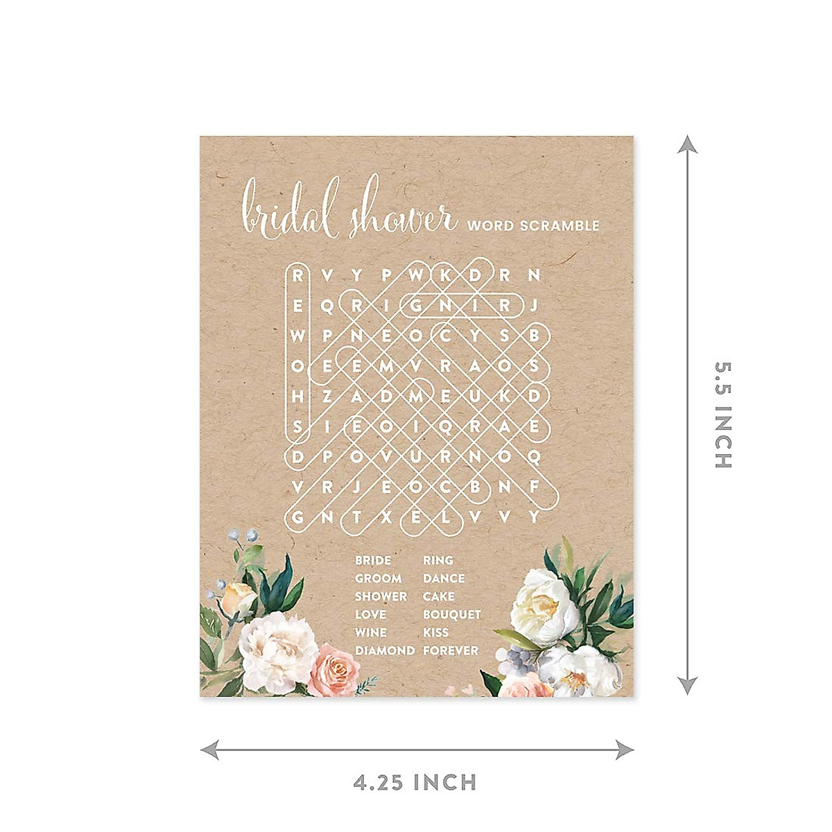 Andaz Press Peach Coral Kraft Brown Rustic Floral Garden Party Wedding Collection, Word Search Bridal Shower Game Cards, 20-Pack