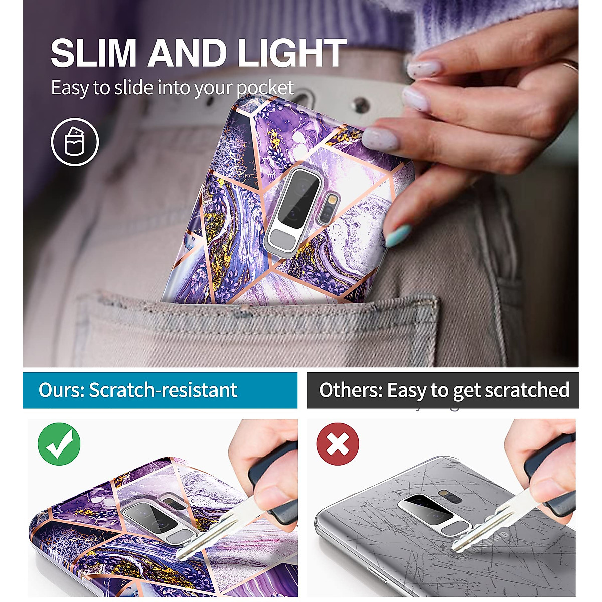 SURITCH for Samsung Galaxy S9 Plus Marble Case, [Built-in Screen Protector] Full-Body Protection Shockproof Rugged Bumper Protective Cover for Galaxy S9 Plus 6.2 Inch (Lavender)