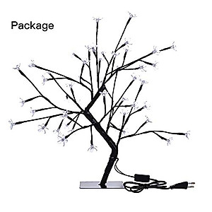 Lxcom Lighting LED Cherry Blossom Bonsai Tree 18” 48 LEDs Plug-in Desk Top Bonsai Lighted Tree Artificial Crystal Flower Light Table Lamp Adjustable Black Branches for Party Wedding Home Decor, White
