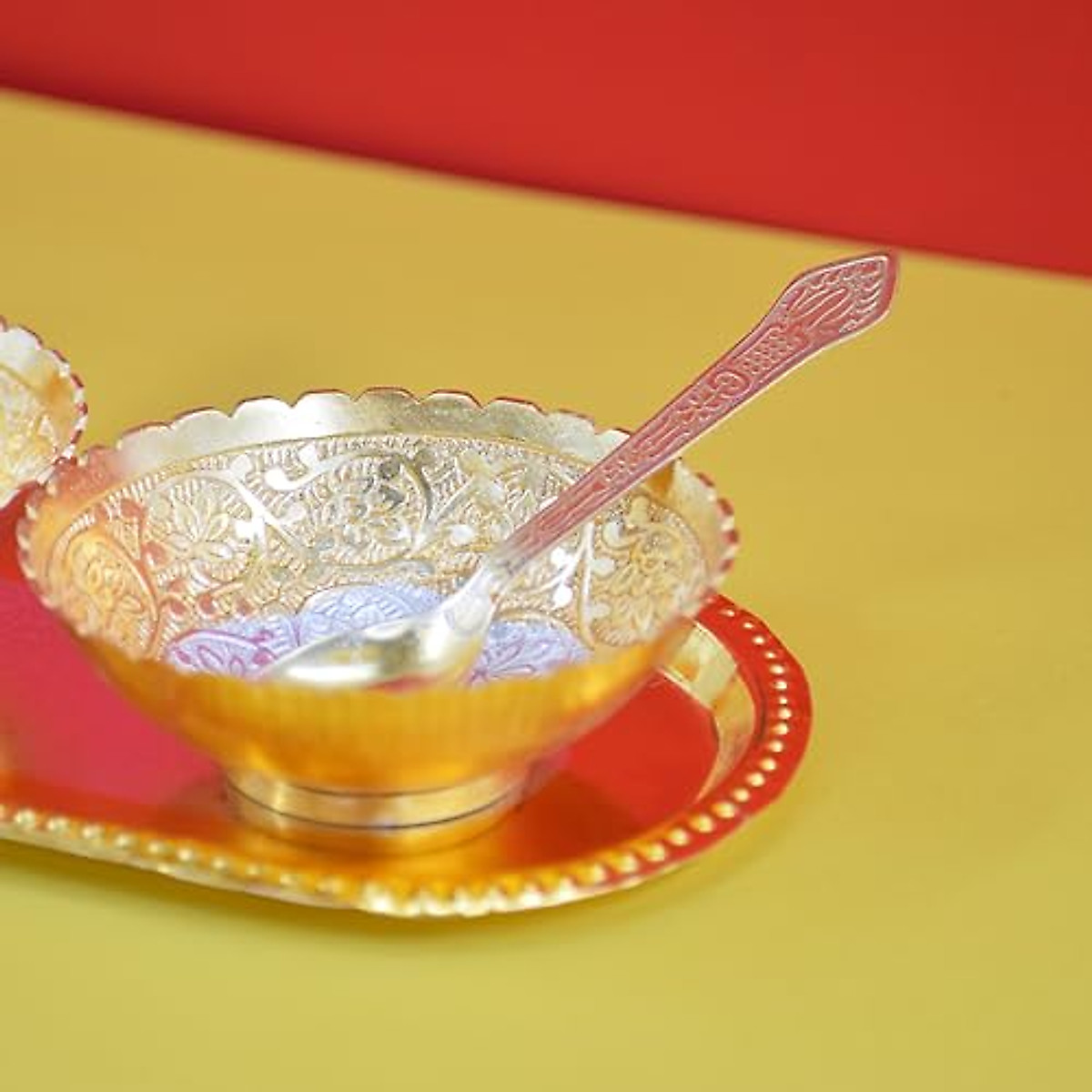 Puja N Pujari Gold Plated Bowls Tray and Spoon Set for Dry Fruits and Sweets for Return Gifts (Model 2)