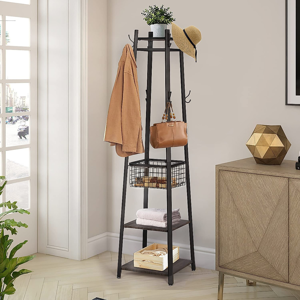 VECELO Coat Rack Freestanding, Entryway Clothes Stand with Metal Basket and 2 Shelves, Upgrade Hall Trees with 8 Dual Hooks for Bags, Hats, and Umbrellas, Industrial Styles, Vintage Brown+ Black