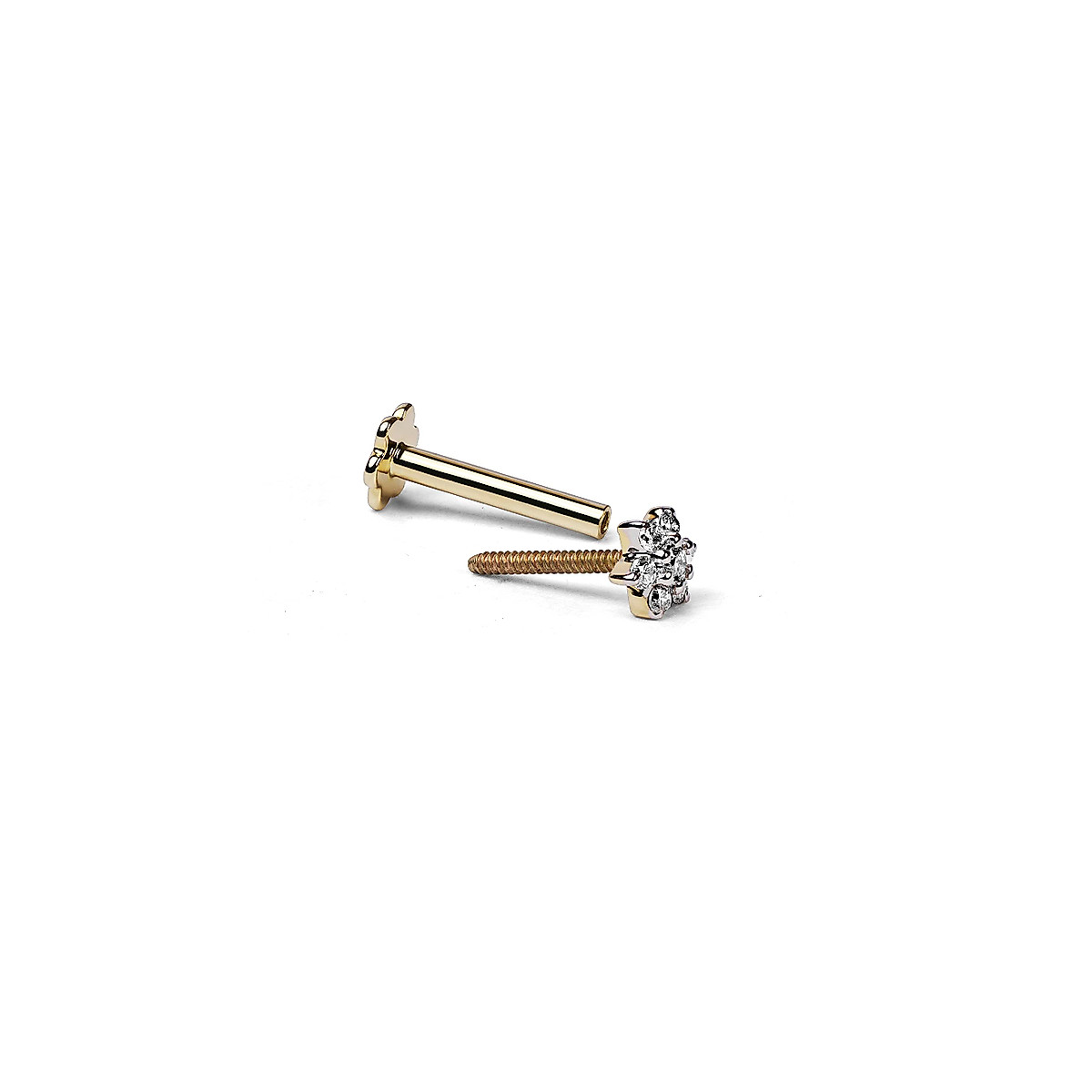 Demira Jewels Natural Diamond 14k Yellow Gold Flower Nose Lip Labret Monroe Ring Stud Screw with 8 mm long and 16 gauge thick post