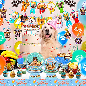 Puppy Birthday Party Supplies for Kids, 159pcs Dog Theme Birthday Party Supplies Tableware Set Dog Party Plates Cups Napkins Tablecloth Banner Balloon Cake Topper etc Puppy Themed Party Supplies