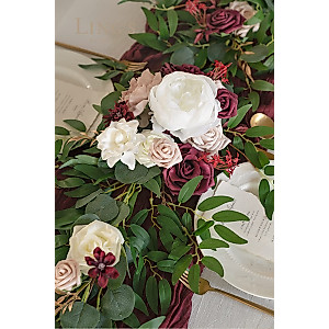 Ling's Moment Eucalyptus Garland with Flowers 6FT，Table Runner with Flowers Marsala Mantle Decor Handcrafted Wedding Centerpieces for Rehearsal Dinner Bridal Shower | Marsala