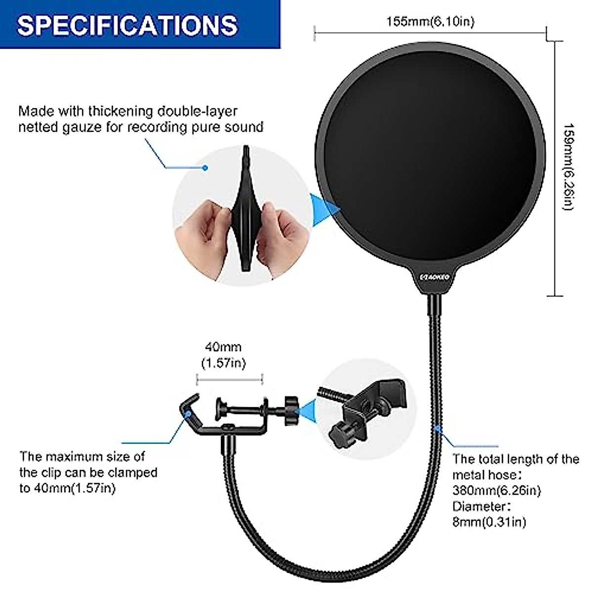 Aokeo Professional Microphone Pop Filter Mask Shield • For Blue Yeti and Any Other Microphone • Mic Dual Layered Wind Pop Screen • With A Flexible 360° Gooseneck Clip Stabilizing Arm