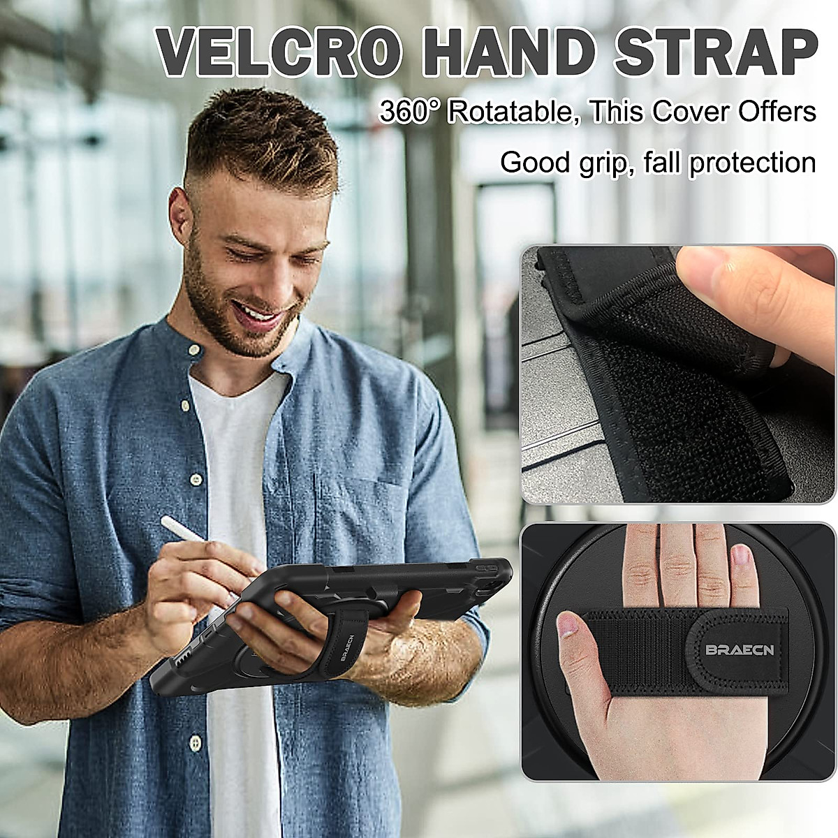 BRAECN for iPad Air 3 10.5 Case 2019,iPad Pro 10.5 Case 2017- Heavy Duty Shockproof Case Cover with Pencil Holder,Rotating Stand/Hand Strap,Carrying Shoulder Strap Fit iPad Air 3rd Gen Case 10.5-Black