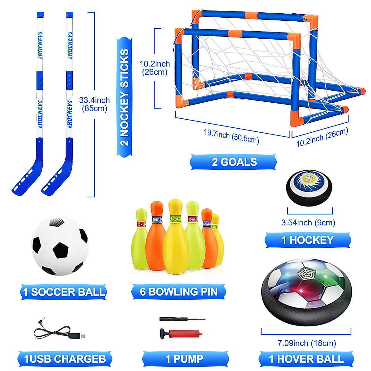 Hover Soccer Ball Set for Kids, 4-in-1 Hover Hockey Bowling Set, Rechargeable Floating Air Soccer Ball w/Led Lights for Indoor Outdoor Sports Game Toys Gifts for Kids Boys Girls Ages 3 4 5 6 7 8-12