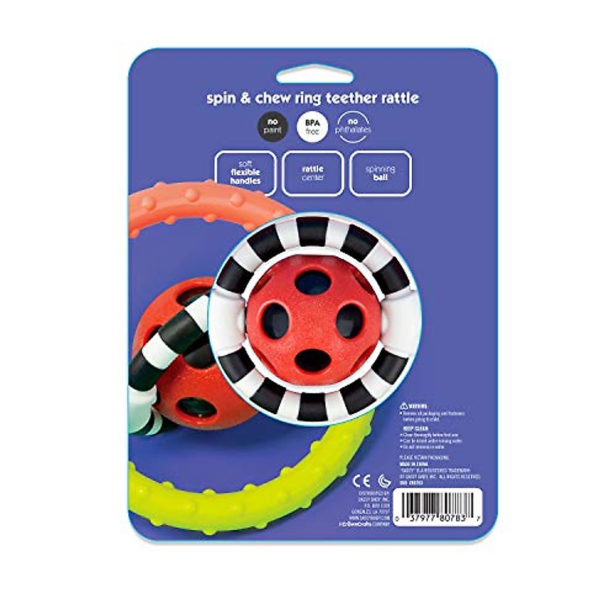 Sassy Spin and Chew Flex Ring Rattle with Dual Action Spinners, for Ages 0+ Months