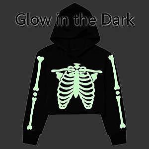 Perfashion Girls Halloween Sweatshirt Skeleton Crop Hoodie Glow in the Dark for Kids Costume 10 11