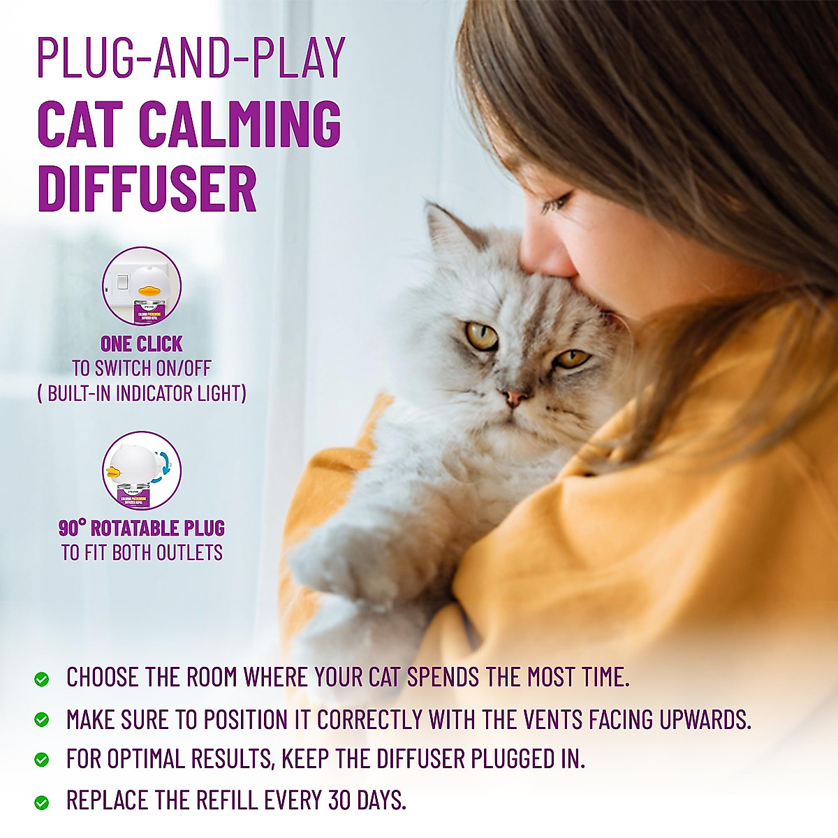 ETEVIVO Cat Pheromones Calming Diffuser Cat Anxiety Relief Pheromones for Cats Promotes Well-Being & Comfort Cat Calming Diffuser with 2 Refills 60 Days Long Lasting Serenity