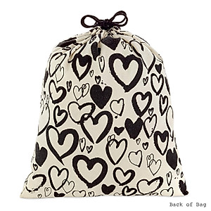 Hallmark 19" Large Canvas Bag with Drawstring (Ivory with Black Hearts) for Valentines Day, Weddings, Bridal Showers, Anniversary and More
