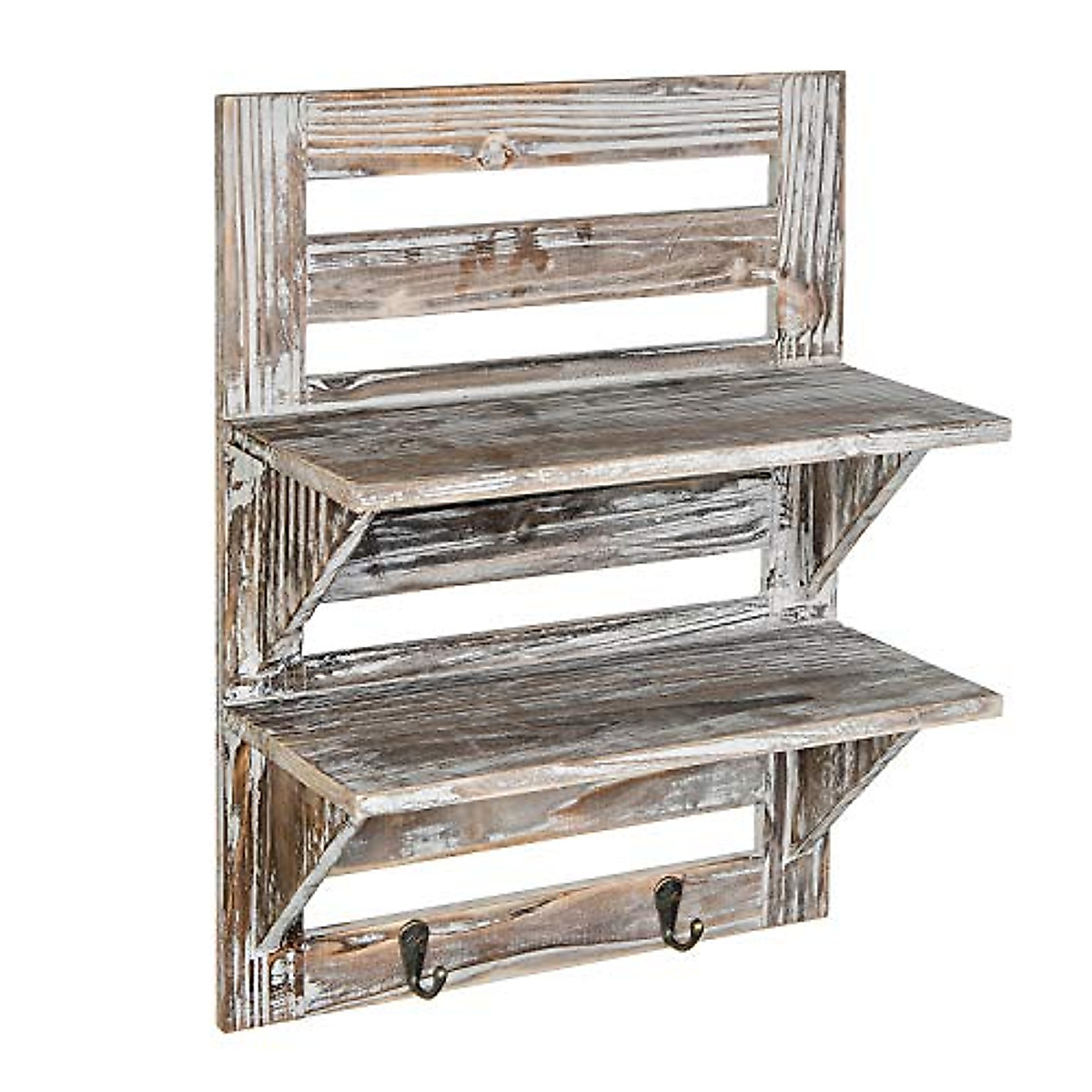 Liry Products Rustic Wooden Wall Mounted Shelves Iron Hooks Two-Tier Storage Rack Brown Torched Distressed Wood Display Shelf Organizer Farmhouse Decorative Holder Home Office Kitchen Living Room