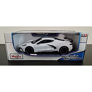 Maisto Diecast Cars 2020 Chevy Corvette Stingray C8 Coupe with High Wing White with Black Stripes 118 Diecast Model Car by 31455