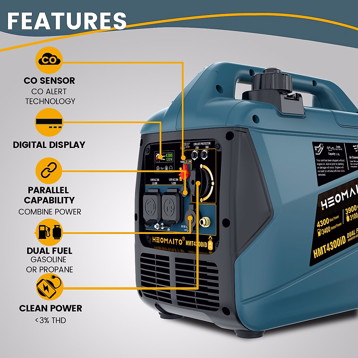 HEOMAITO Dual Fuel Portable Inverter Generator 4300W Gas & Propane Powered, Ultra Quiet Lightweight with CO Sensor Digital Dispaly Parallel Capability EPA Compliant for Camping RV Backup Home Use