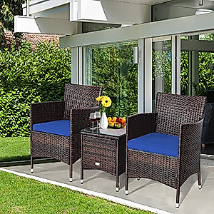 KOTEK 3 Piece Patio Furniture Set, Outdoor Wicker Conversation Set w/Glass Top Coffee Table, Thick Cushions, Rattan Bistro Set for Patio, Garden, Porch, Lawn (Navy)