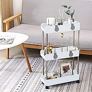 3-Tier Slim Mobile Shelving Unit on Wheels, Slide Out Rolling Bathroom Storage Organizer, Utility Carts Shelf Rack for Kitchen Bathroom Laundry Room Narrow Places, White