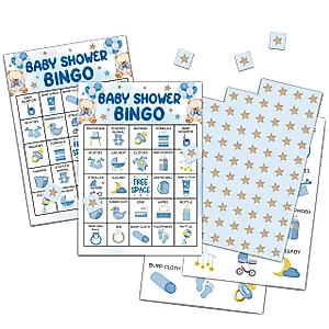 Chuxvon Balloon Bear Bingo Cards, Watercolor Blue Baby Shower Bingo Game for 24 Players, Gender Reveal Party Games, Family Friends Activities, Baby Shower Party Favors Supplies Decorations(B02)