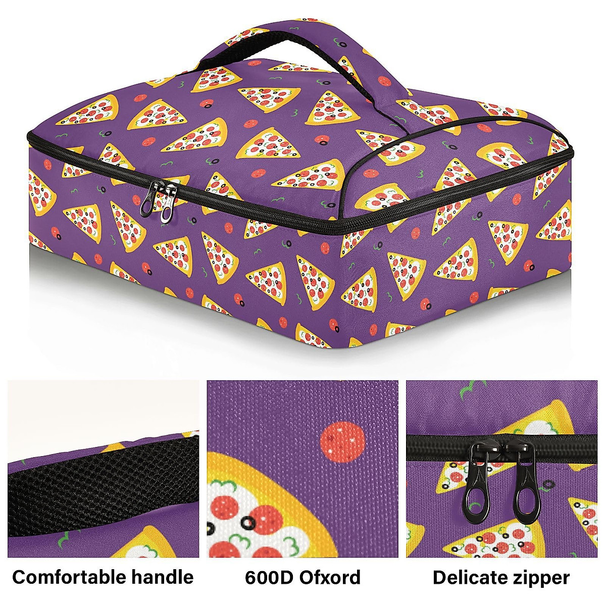 Kcldeci Insulated Thermal Food Carrier Insulated Casserole Carrier for Hot or Cold Food,Pizza Slice Olives and Pepper Insulated Tote Bag for Potluck Cookouts Parties Picnic,Lasagna Lugger