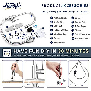 Herogo Kitchen Sink Faucets with Pull Down Sprayer Brushed Nickel, Stainless Steel High Arc Single Level Pull Out Faucets with Deck Plate for Farmhouse Laundry Rv Utility Wet Bar