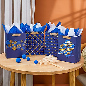 SUNCOLOR 4 Pack 9" Small Gift Bags for Christmas/Father's Day/Party Bags With Tissue Paper(Blue)