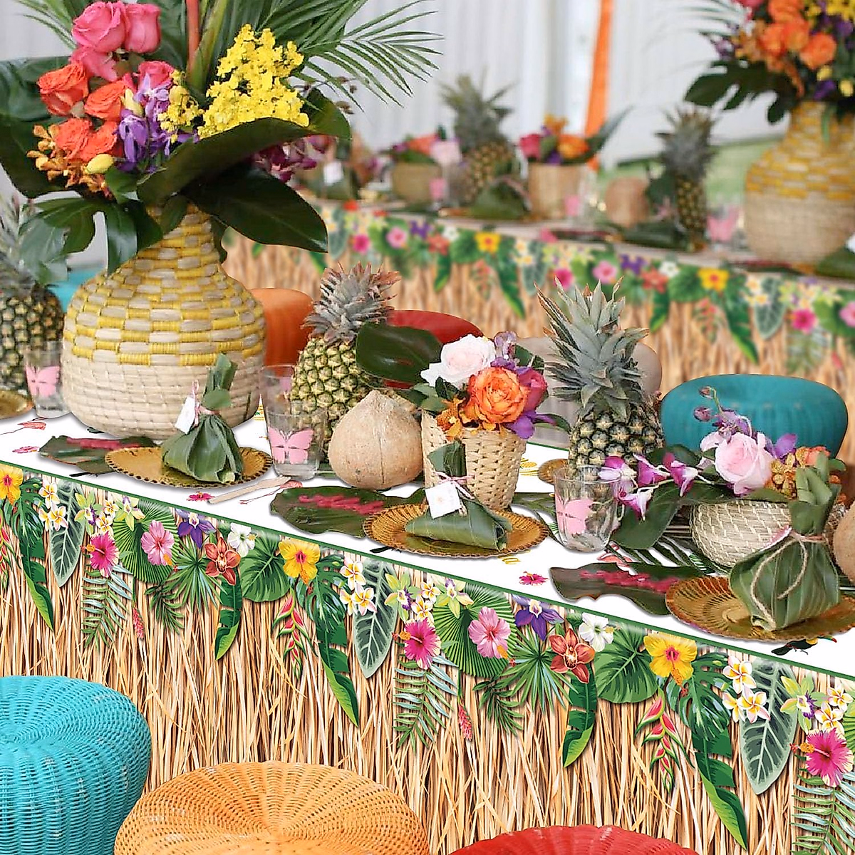 PIXHOTUL 4 Pack Hawaiian Luau Grass Tablecloths, Hawaii Luau Table Skirt Party Decorations, Tropical Palm Tablecover for Summer Beach BBQ Tropical Ahola Party Baby Shower, 86 x 51in