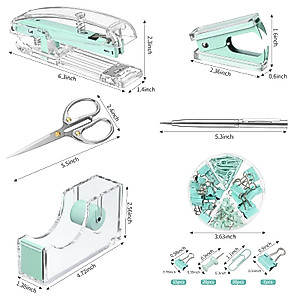 Office Supplies Set Desk Accessory Kit, Acrylic Stapler Set Staple Remover, Tape Dispenser, Binder Clips, Paper Clips, Ballpoint Pen and Scissor with 1000 Pieces 26/6 Staples (Green)