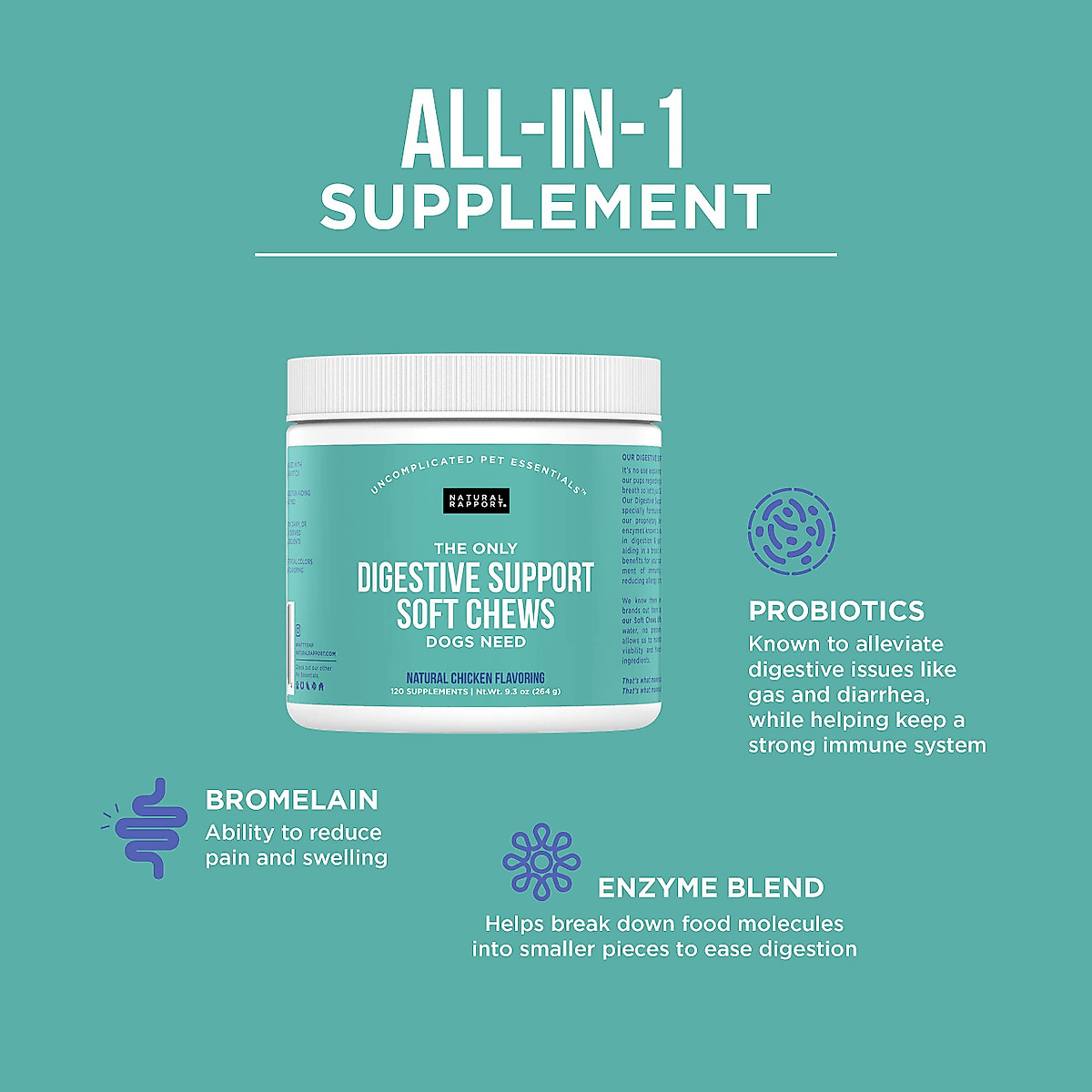 Natural Rapport Dog Digestive Supplement - The Only Digestive Support Soft Chews Dogs Need - 120ct Treats That Contain Probiotics and Enzymes to Support Digestion and Gut Health