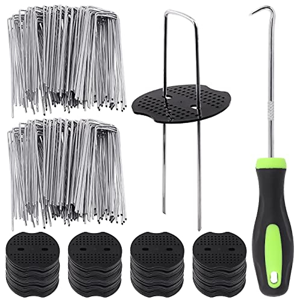 Glarks 201Pcs Garden Stakes Staples Kit, 100Pcs 6 Inch U-Shaped Landscape Staples, 100Pcs Fixing Gasket with 1Pc Pick Hook for Weed Barrier Fabric, Ground Cover, Holding Fence and Artificial Turf