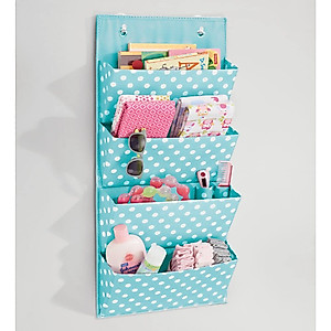 mDesign Soft Fabric Wall Mount/Over Door Vertical Hanging Storage Organizer Center - 4 Large Pockets for Baby Child/Kids Bedroom, Nursery, Playroom, Closet - Polka Dot Print - Turquoise Blue/White