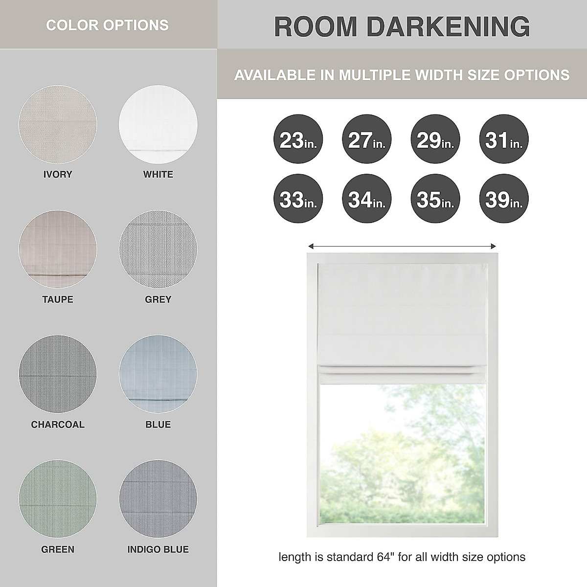 Madison Park Galen Cordless Roman Shades - Fabric Privacy Single Panel Darkening, Energy Efficient, Thermal Insulated Window Blind Treatment, for Bedroom, Living Room Decor, 27" x 64", White