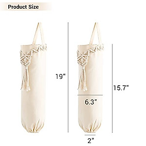 Mkono 2 Pack Small Plastic Bag Holder with Macrame Decor Boho Grocery Trash Bag Storage Dispenser Hanging Bags Organizer for Kitchen Bathroom Bedroom Living Room Office, Ivory, 6.3”W x 15.7”L