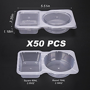 50pcs Double Compartment Condiment Container With Lids,Disposable 2 Compartment Sauce Containers Clear Plastic Snack Containers For Travel