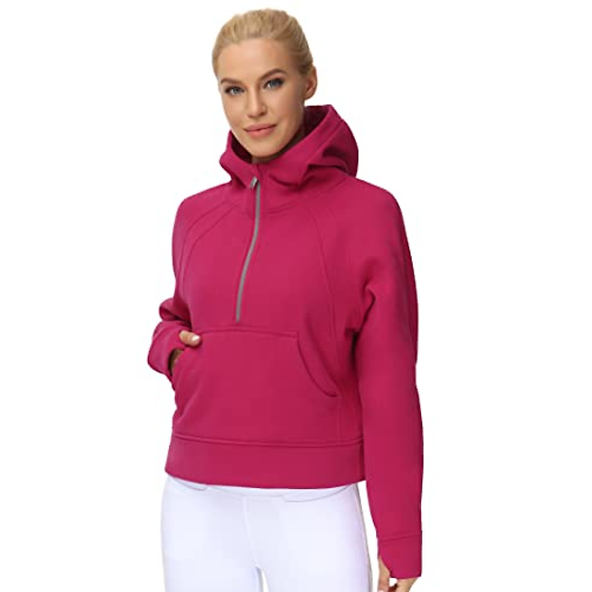 Women’s Hoodies Half Zip Long Sleeve Fleece Crop Pullover Sweatshirts with Pockets Thumb Hole
