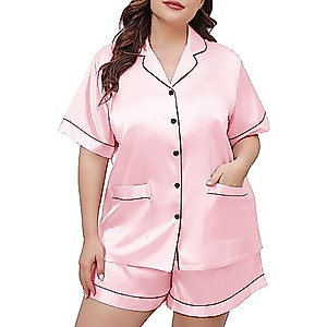 SWOMOG Women's Plus Size Silk Pajamas Button Down Top Pj Satin Shorts Loungewear 2 Pieces Short Sleeve Sleepwear with Pockets Pink