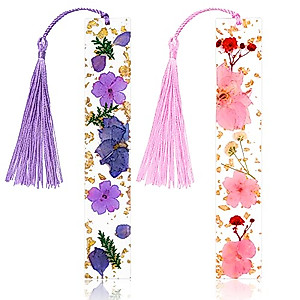 Prasacco 2 Pieces Bookmarks for Women, Dried Flower Resin Bookmarks Handmade Transparent Floral Dried Flower Book Markers with Silky Tassel for Women Girls Kids Christmas Gift Book Lovers