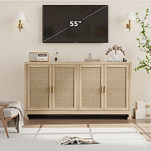 Rattan Accent Storage Cabinet with 4 Doors and Shelf - Modern Console Coffee Bar Cabinet for Dining Room, Kitchen, Living Room, Entryway Home Decor