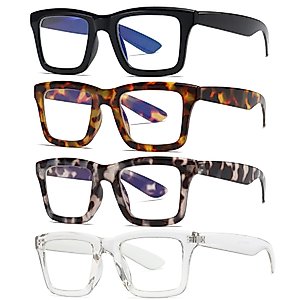 ZXYOO 4 Pack Oprah Style Reading Glasses for Women Men Blue Light Blocking Computer Square Metal Spring Readers +1.0