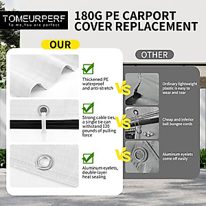 12x20 Ft Carport Canopy Replacement Cover for Canopy Tent Car Tent Garage Shelter Top Tarp White Portable Carport with 120lbs Tensile Strength Ties (Only Top Cover, Frame is not Included)