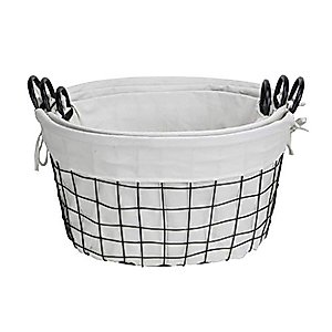 HomeRoots Set of 3 Oval White Lined and Metal Wire Baskets with Handles