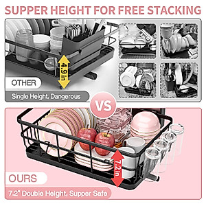 Urackify Dish Drying Rack for Kitchen Counter, Kitchen Dish Rack Black, Large Sink Dish Drainer Dryer Rack Small Space, Kitchen Dishes Strainer Drying Rack with Drain Board Cup Holder Cutlery Holder