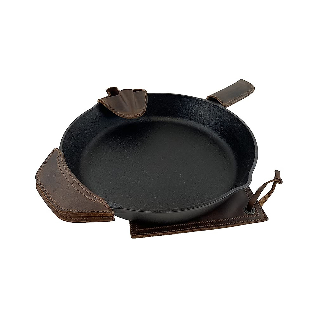 Hide & Drink, Set of 4 Hot Handle Holders, Panhandle, Side Kick, Grip Mitt & Square Pot Holder for Cast Iron Skillets & Pans, Full Grain Leather, Handmade, Bourbon Brown
