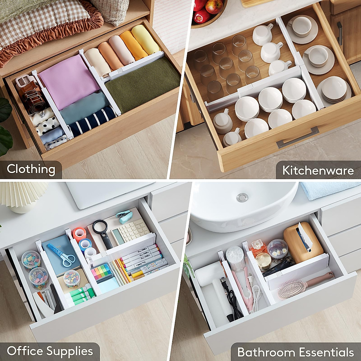 Lifewit 9 Pack Drawer Dividers 4" High, 11-17" Adjustable Drawer Organizers for Clothes, Expandable Dresser Separators in Bedroom/Bathroom/Kitchen/Fridge/Office Organization and Storage, White