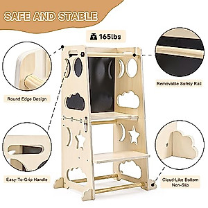 Toddler Kitchen Stool Helper with Chalkboard & Safety Rail, 3 in 1 Learning Tower Toddler Step Stool Kitchen Helper for Bathroom Sink, Kids Folding Step Stool, Standing Tower for Toddlers 1-3